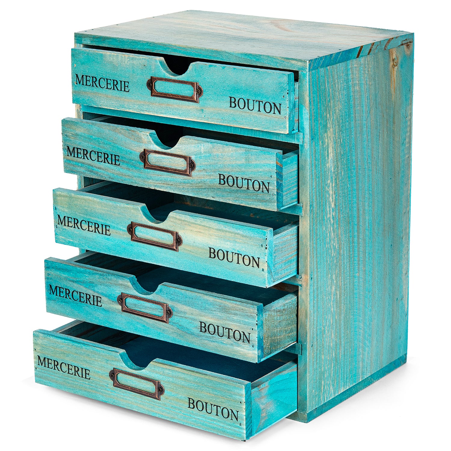 Teal 5-Drawer Wood Desktop Vintage Organizer | French Euro Farmhouse S ...