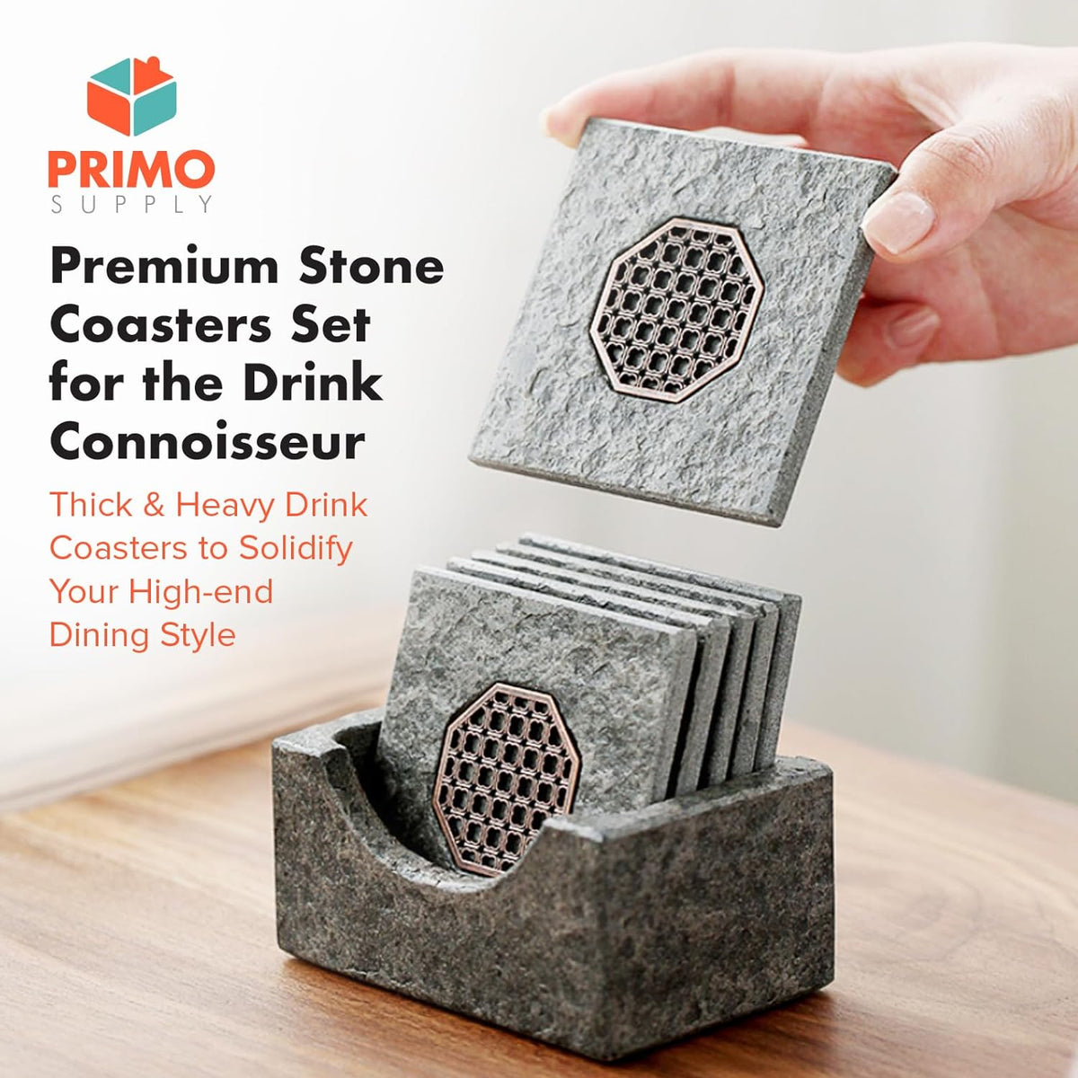 Stone Coasters Set of 6 with holder-Greystone Boulder Square – Primo ...