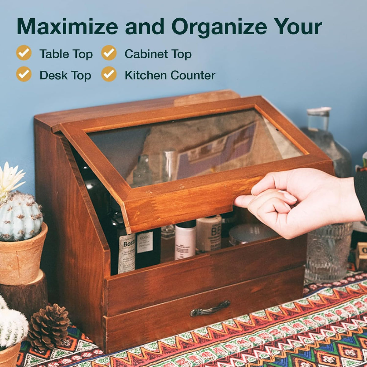 Mahogany 2-Tier Desktop Organizer with Glass Display - Elegant Wooden ...